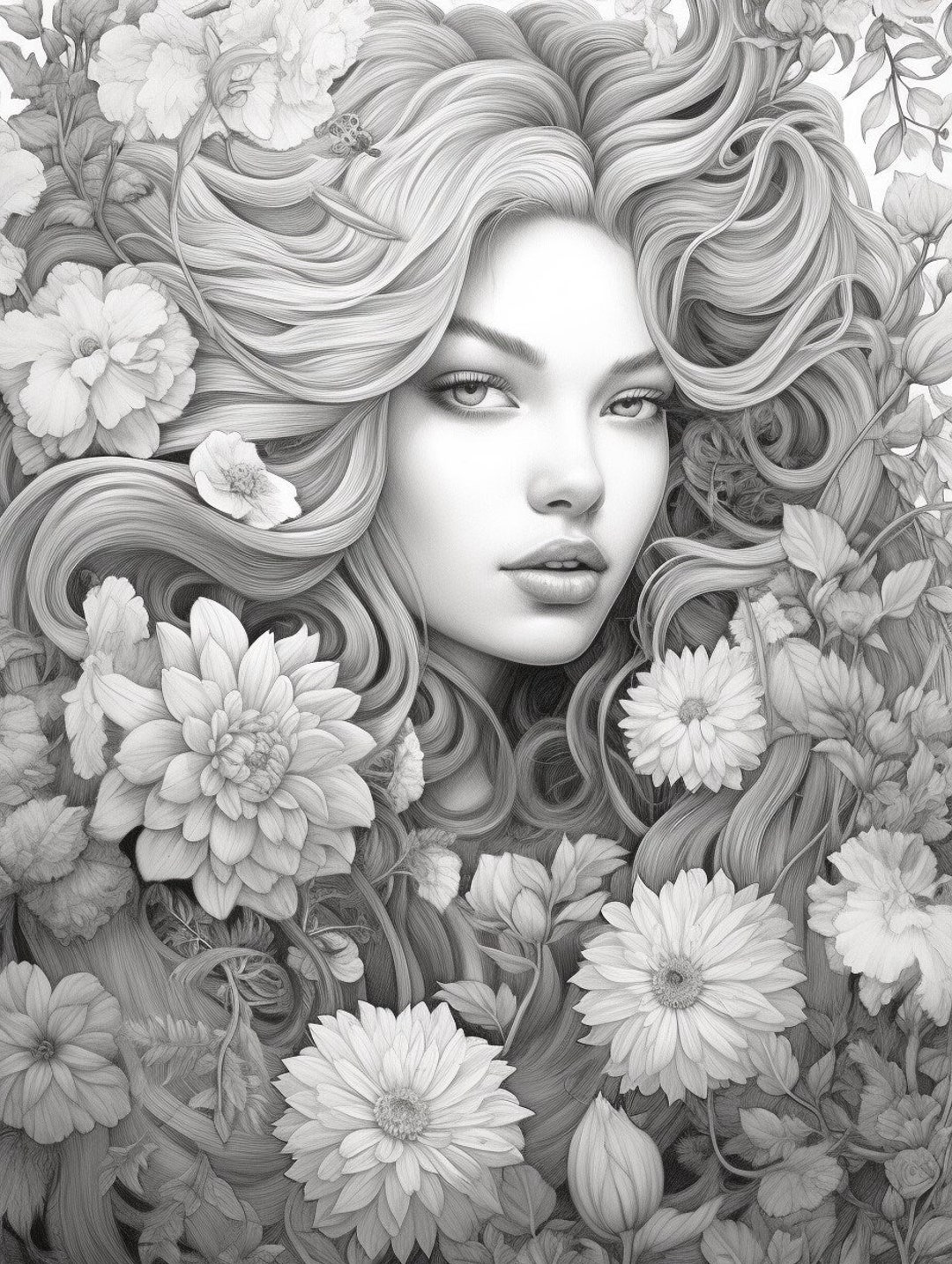Flower Girls Coloring Page Coloring Book Beautiful Girls Greyscale ...