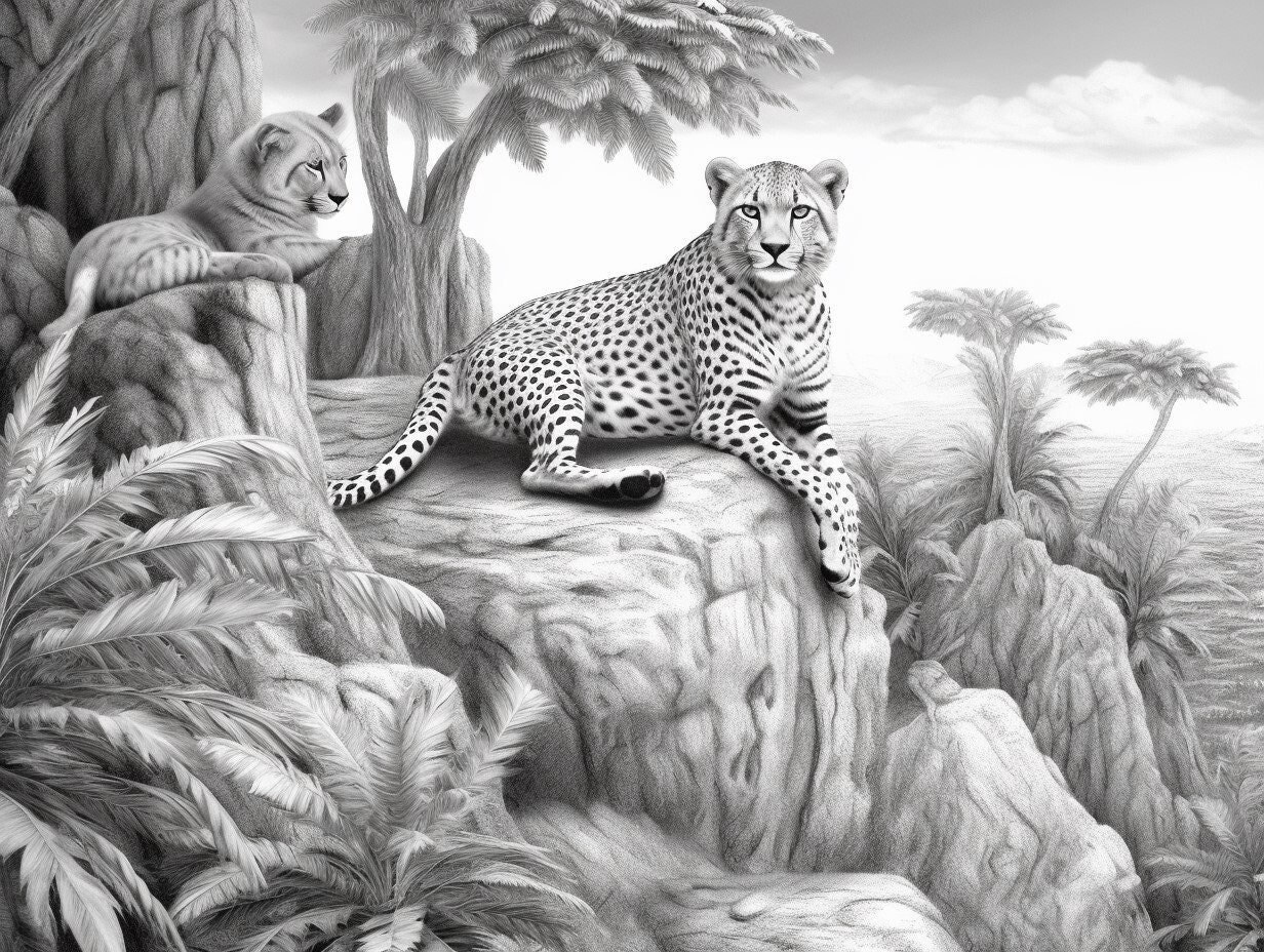 Cheetah Mother With Cub Adult Coloring Realistic Portrait Download ...