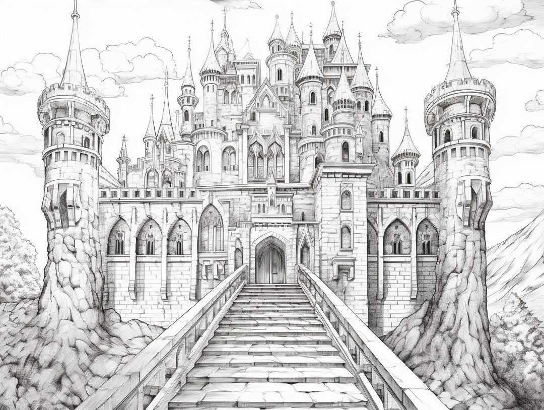 Fairytale Castles Coloring Page Coloring Book Greyscale Adult Coloring ...