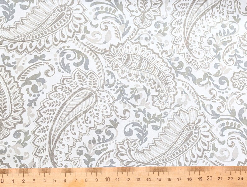 Neutral Paisley Fabric by the Yard, Ecru and Gray Modern Floral Fabric ...