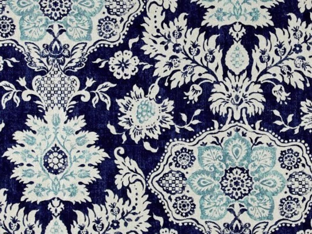 Navy Blue Turquoise Aqua Floral Fabric, Magnolia Home Fashions Belmont ...