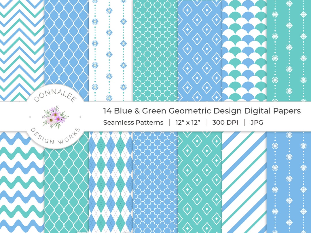 Geometric Design Blue and Green Printable Digital Paper Seamless ...