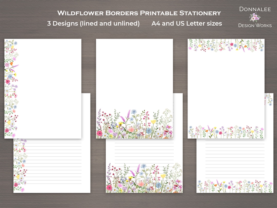 Wildflower Borders Digital Stationery, Letter Writing Printable Papers ...