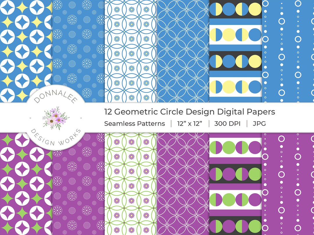 Geometric Circle Designs Blue and Plum Purple Printable Digital Paper ...