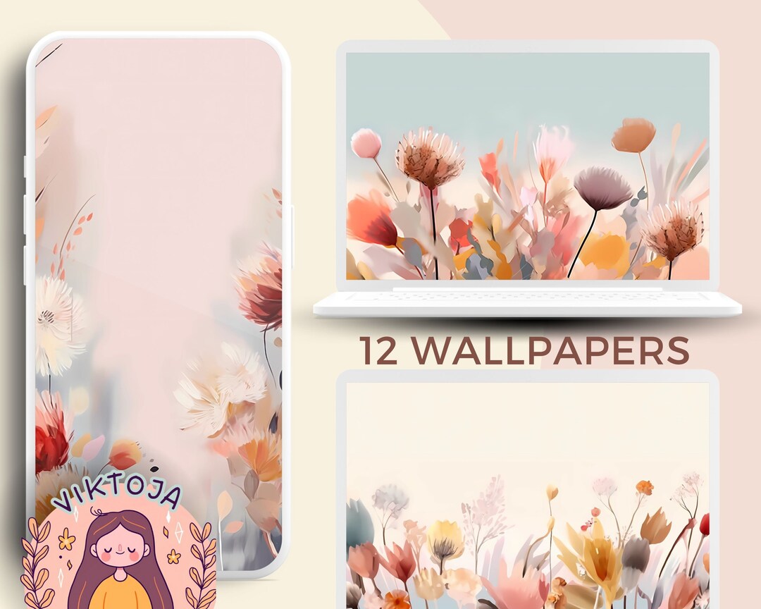 Boho Floral Painting Wallpaper Set: Desktop & Mobile (digital Download ...