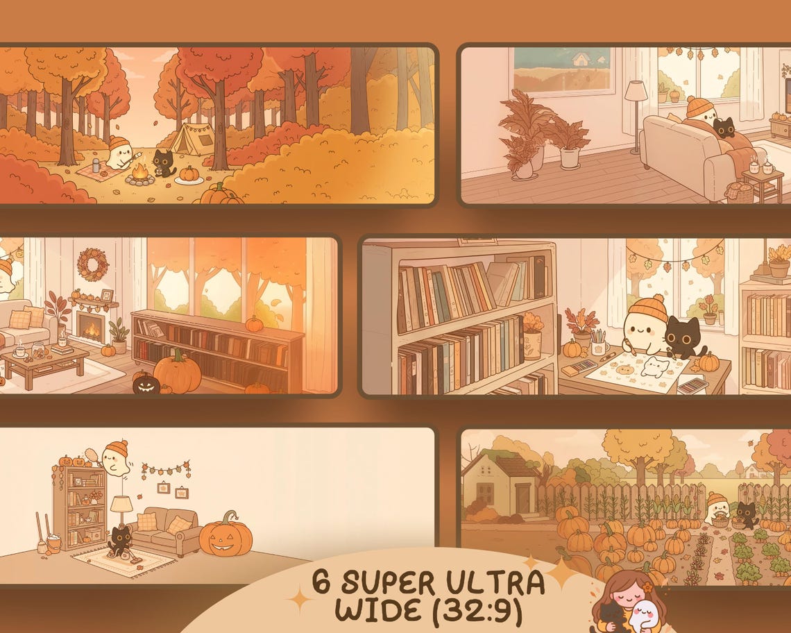 Ghostly Autumn Desktop Wallpaper: Cozy Kawaii Pumpkin Design (digital ...