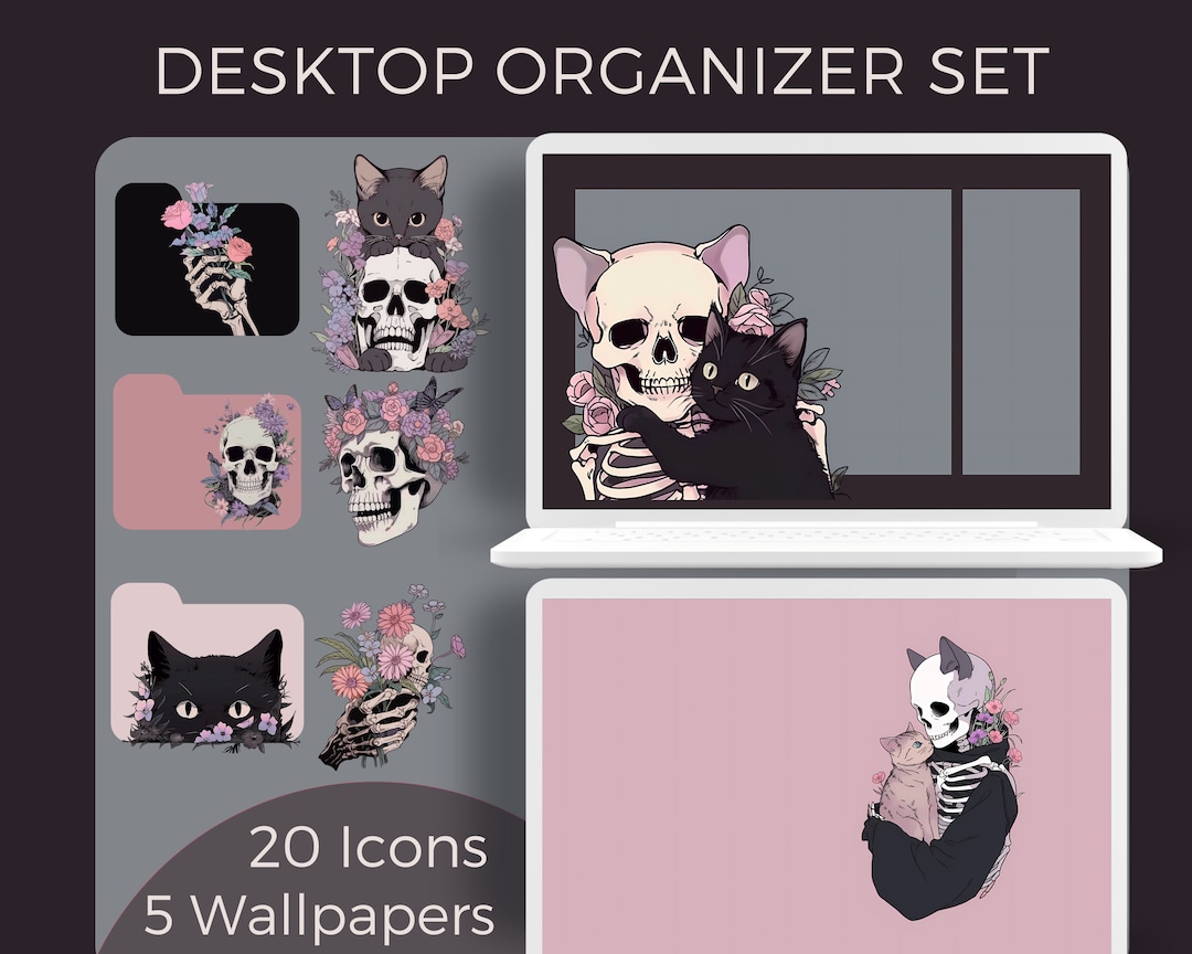 Skull and Cat Desktop Organizer Set Skeleton Wallpaper Bundle Cat Icons ...