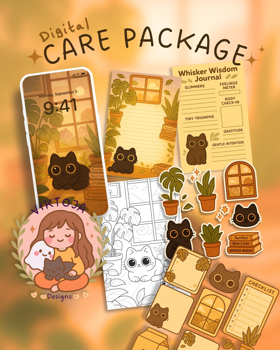 Sunset Reset Digital Care Package: Cat Journal, Wallpaper, Stickers ...