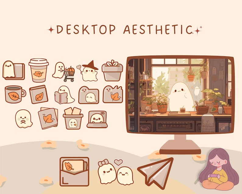 Boho Ghost Desktop Wallpaper: Autumn Kawaii Icons (digital Download) - Etsy
