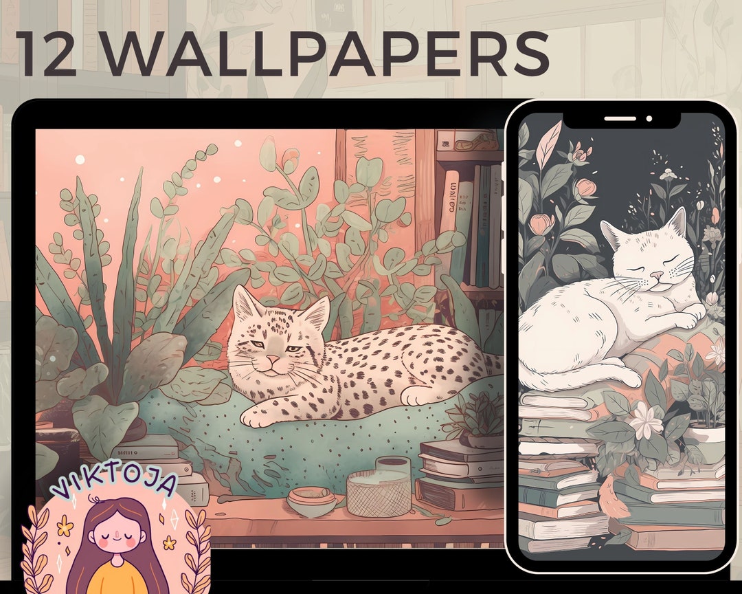 Cozy Cats Wallpaper Bundle: Boho Desktop & Phone Backgrounds (digital ...