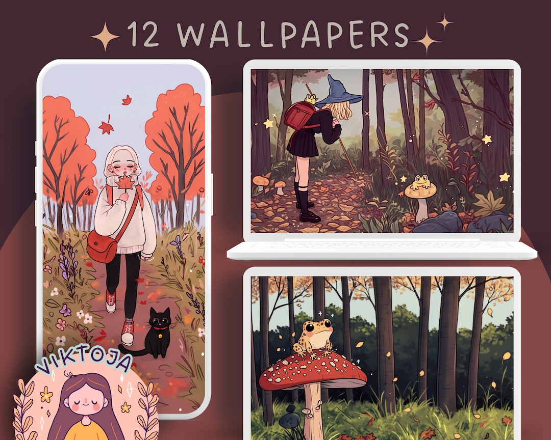 Autumn Girl and Witch Wallpaper Set: Cozy Fall Screensavers (digital ...