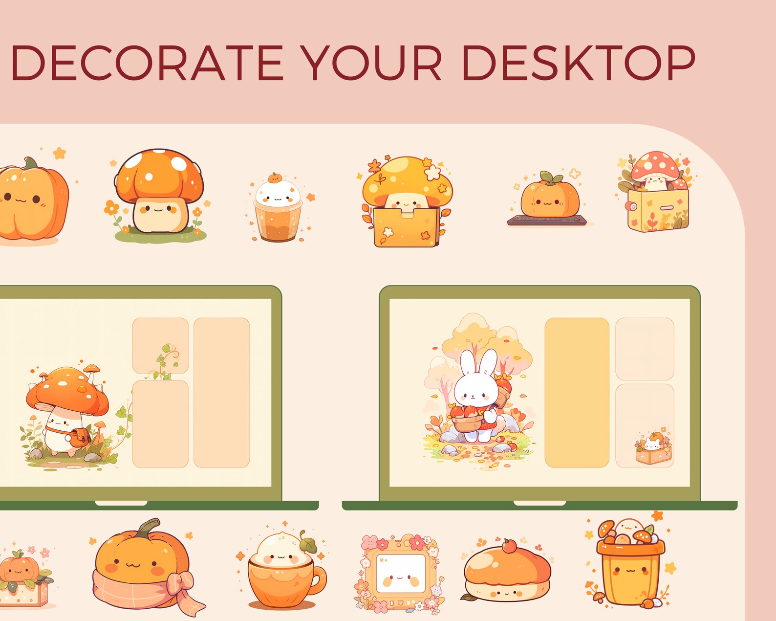Kawaii Autumn Desktop Organizer Set: Pumpkin Icons & Wallpapers ...