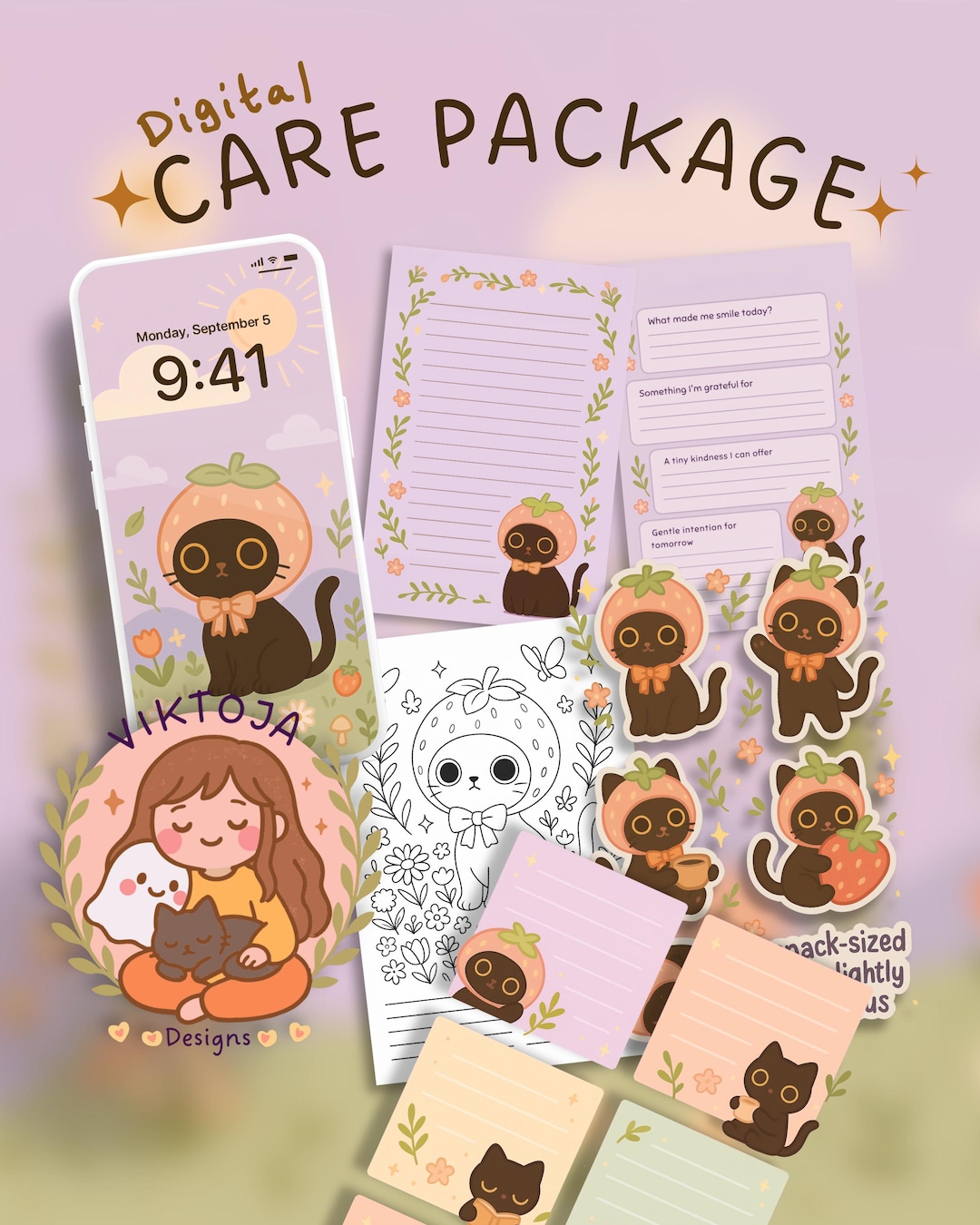 Strawberry Cat Digital Care Package: Ios & Android Wallpaper, Planner ...