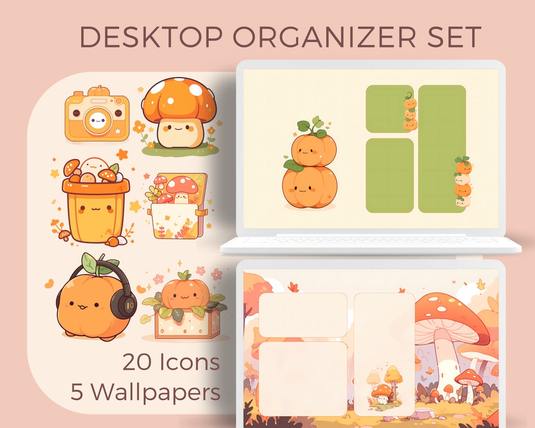 Kawaii Autumn Desktop Organizer Set: Pumpkin Icons & Wallpapers ...