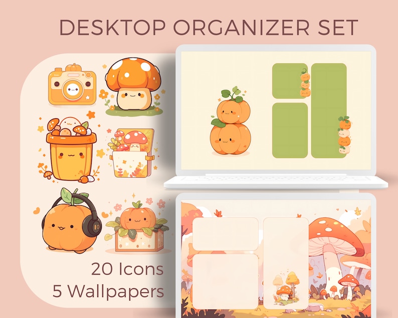 Kawaii Autumn Desktop Organizer Set: Pumpkin Icons & Wallpapers ...