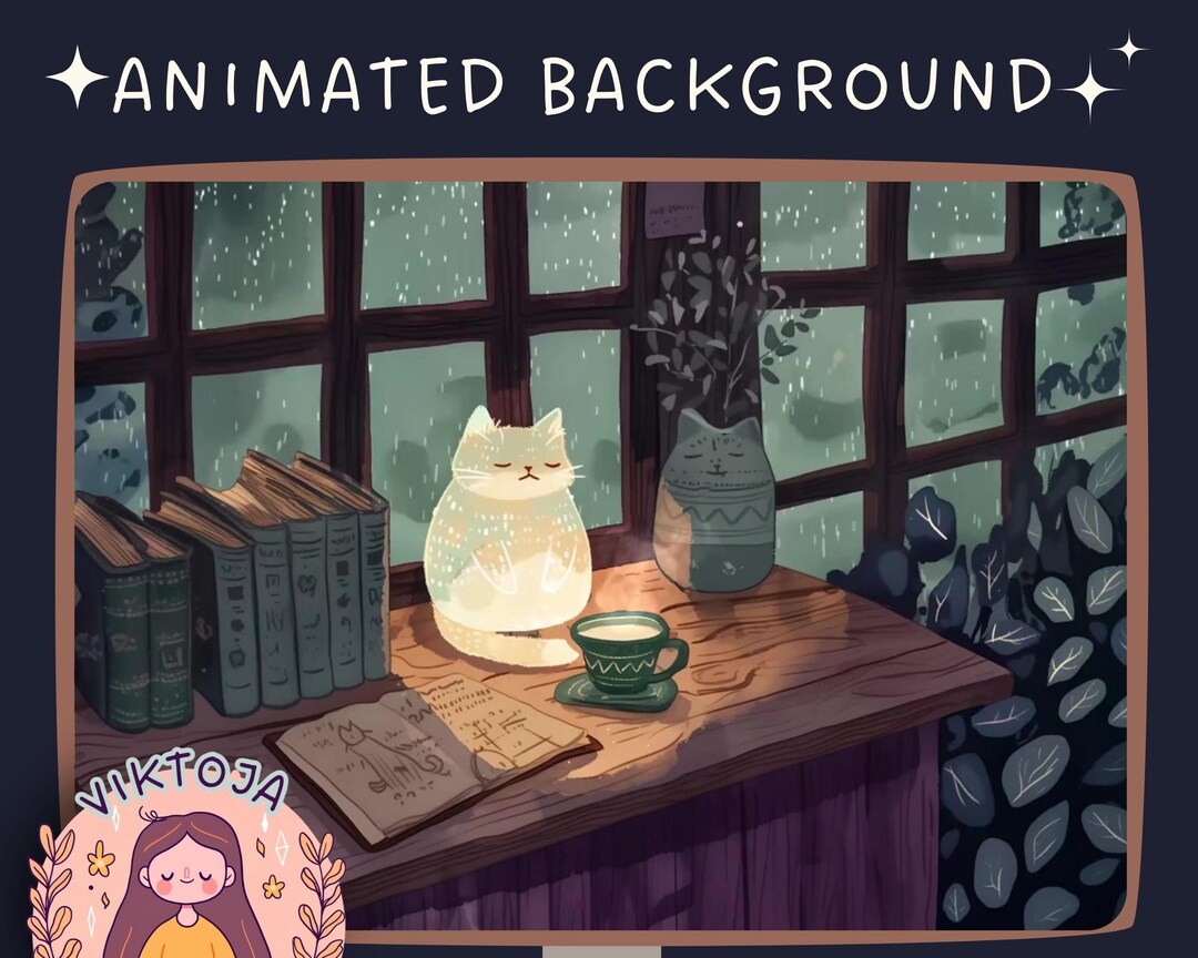 Vtuber Animated Background for Twitch Cozy Lofi Rain Cat 2 and Plants ...