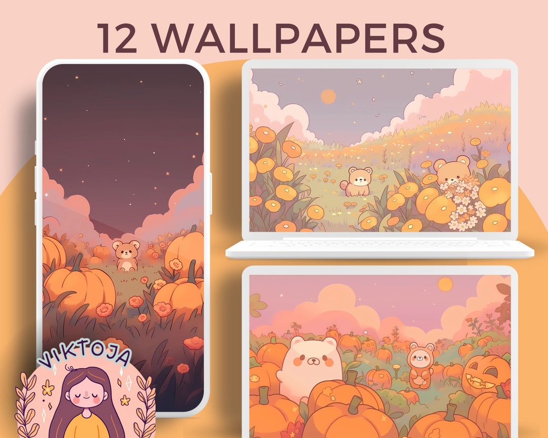 Kawaii Autumn Bears Wallpaper Pastel Pumpkin Wallpaper Pink Desktop ...