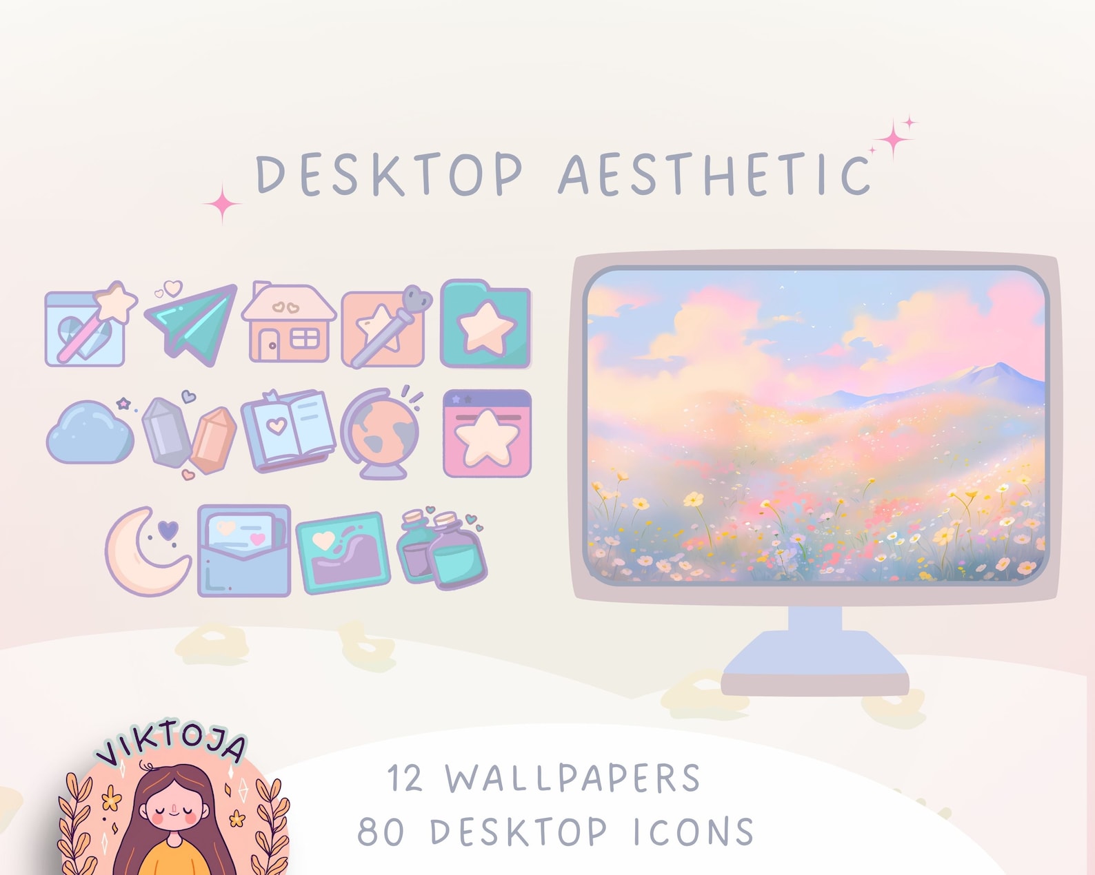 Pastel Desktop Wallpaper Organizer: Cozy Kawaii Icons (digital Download ...