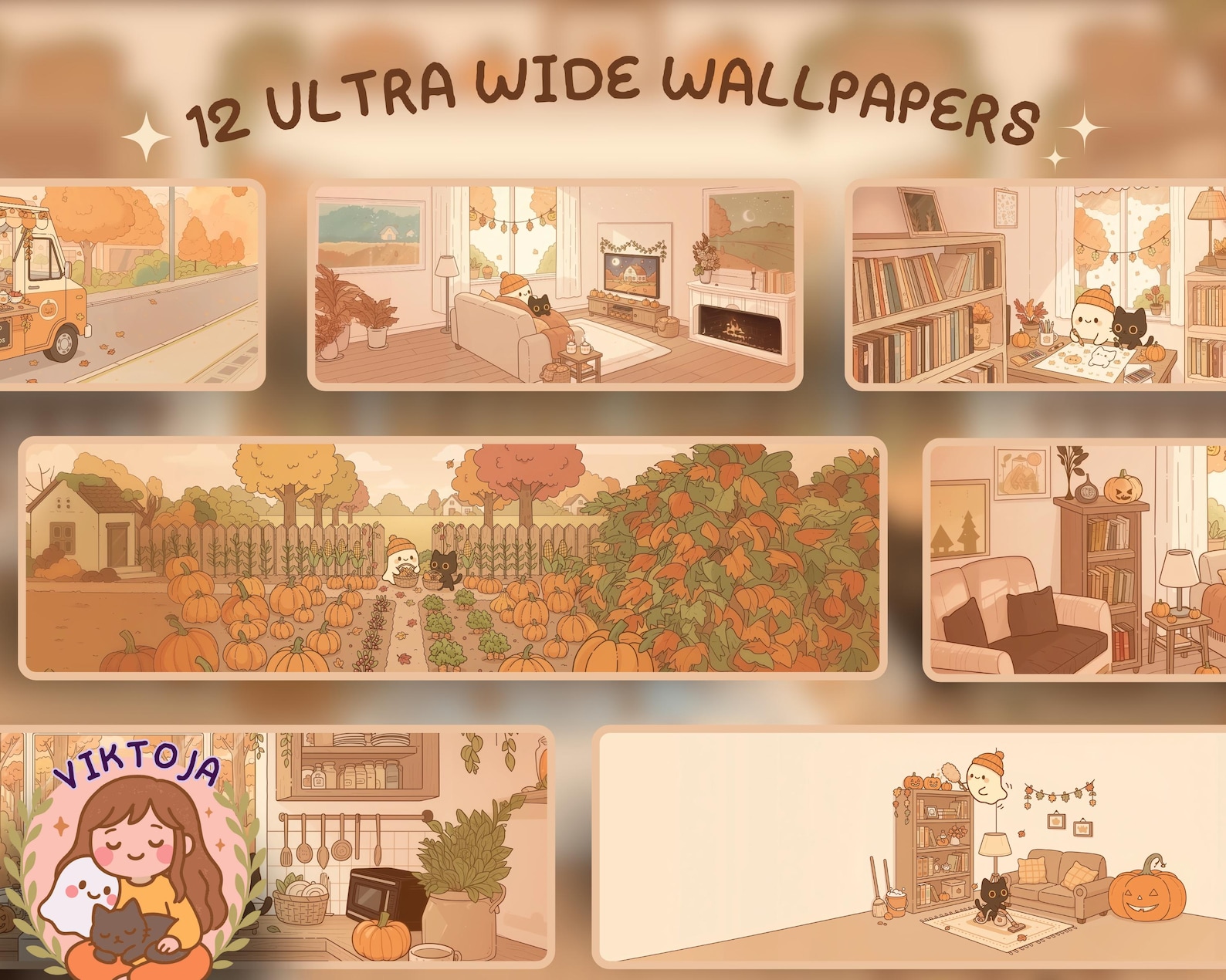 Ghostly Autumn Desktop Wallpaper: Cozy Kawaii Pumpkin Design (digital ...