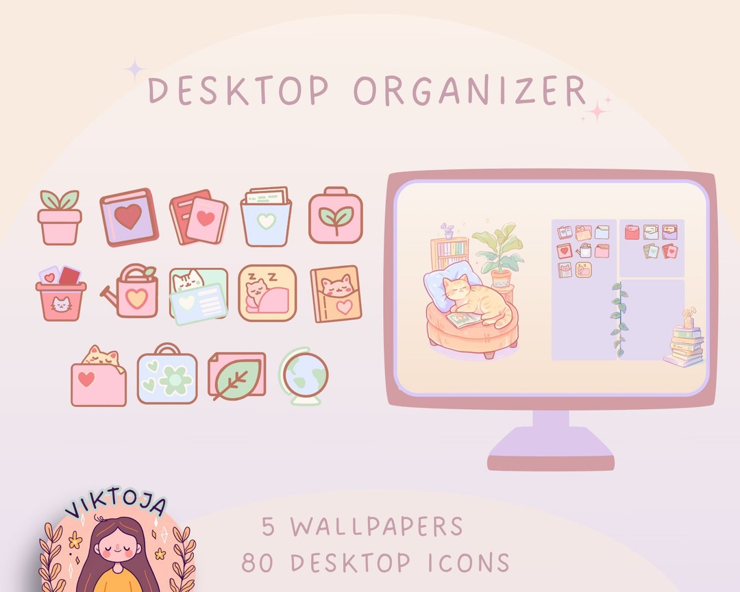 Pastel Cats Desktop Organizer Set Cozy Wallpaper Bundle Cat Icons Cute ...