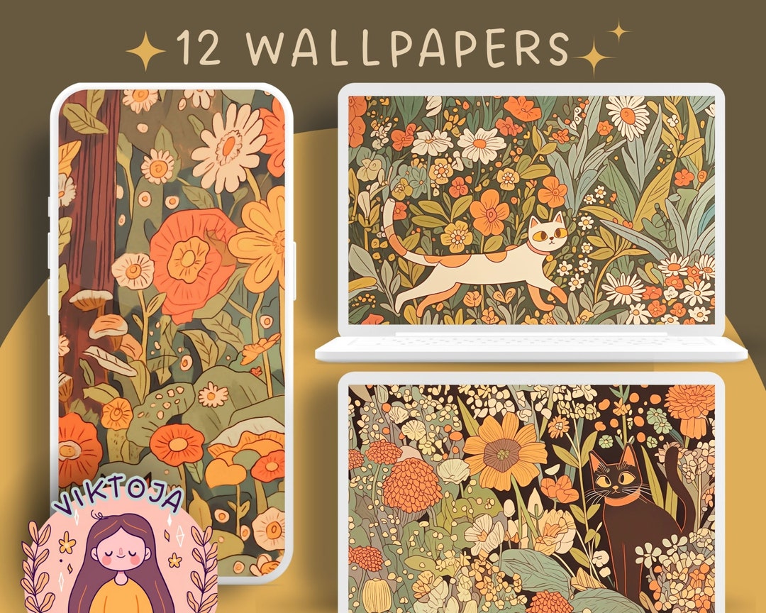 Cottagecore Cats Wallpaper Bundle: Cozy Floral Backgrounds (digital ...