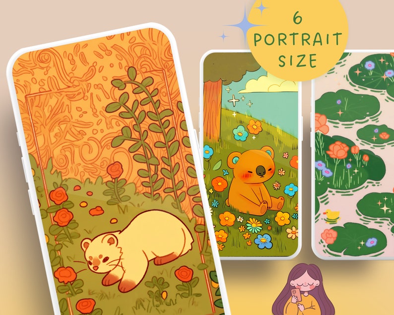 Cute Animals & Flowers Wallpaper Set, Kawaii Phone Backgrounds (digital ...
