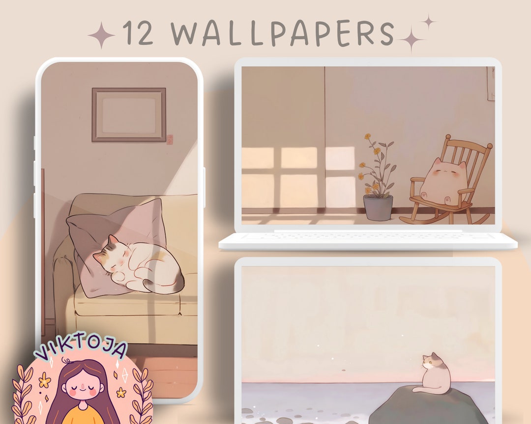 Cozy Cats Wallpaper Bundle: Boho Desktop & Phone Backgrounds (digital ...