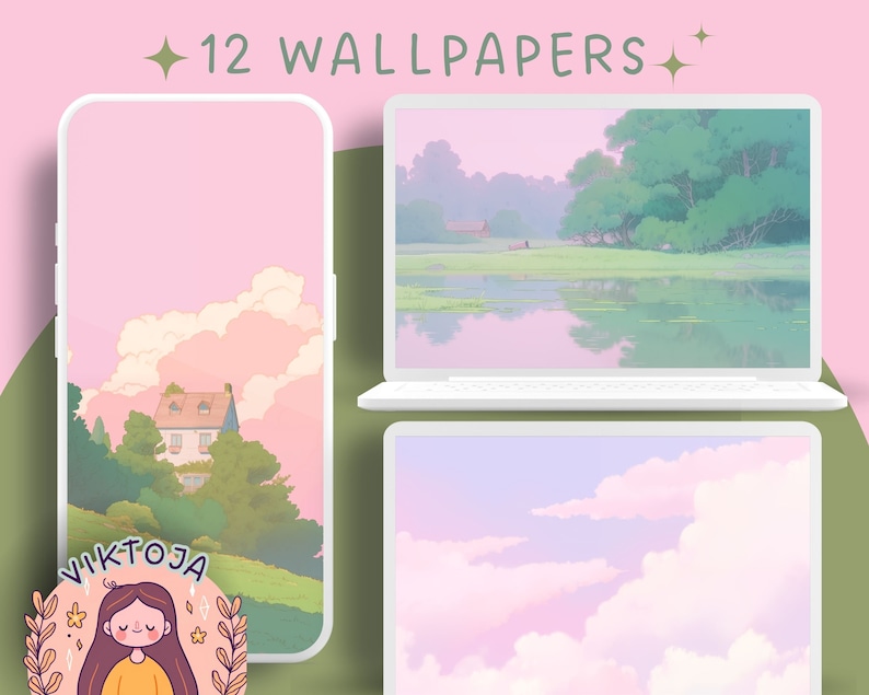 Pastel Anime Wallpaper Set: Cozy Desktop & Mobile Screensavers (digital ...