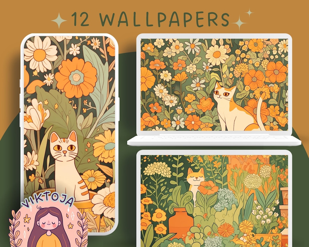 Cottagecore Cat Wallpaper Bundle: Cozy Plants Backgrounds (digital ...