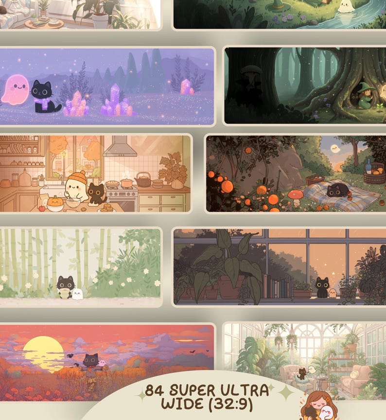 Cozy Cat & Ghost Ultrawide Wallpaper Megapack: Spooky Cottagecore Art ...