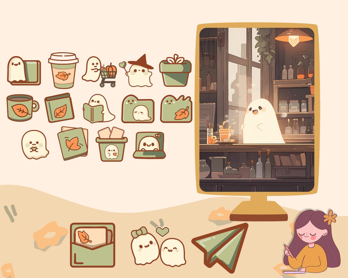 Boho Ghost Desktop Wallpaper: Autumn Kawaii Icons (digital Download) - Etsy
