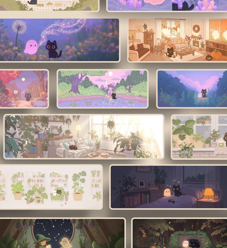 Cozy Cat & Ghost Ultrawide Wallpaper Megapack: Spooky Cottagecore Art ...