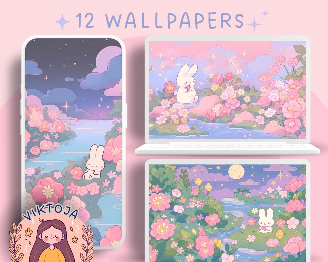 Flower Bunnies Wallpaper Pastel Wallpaper Pink Desktop Wallpaper Cute ...