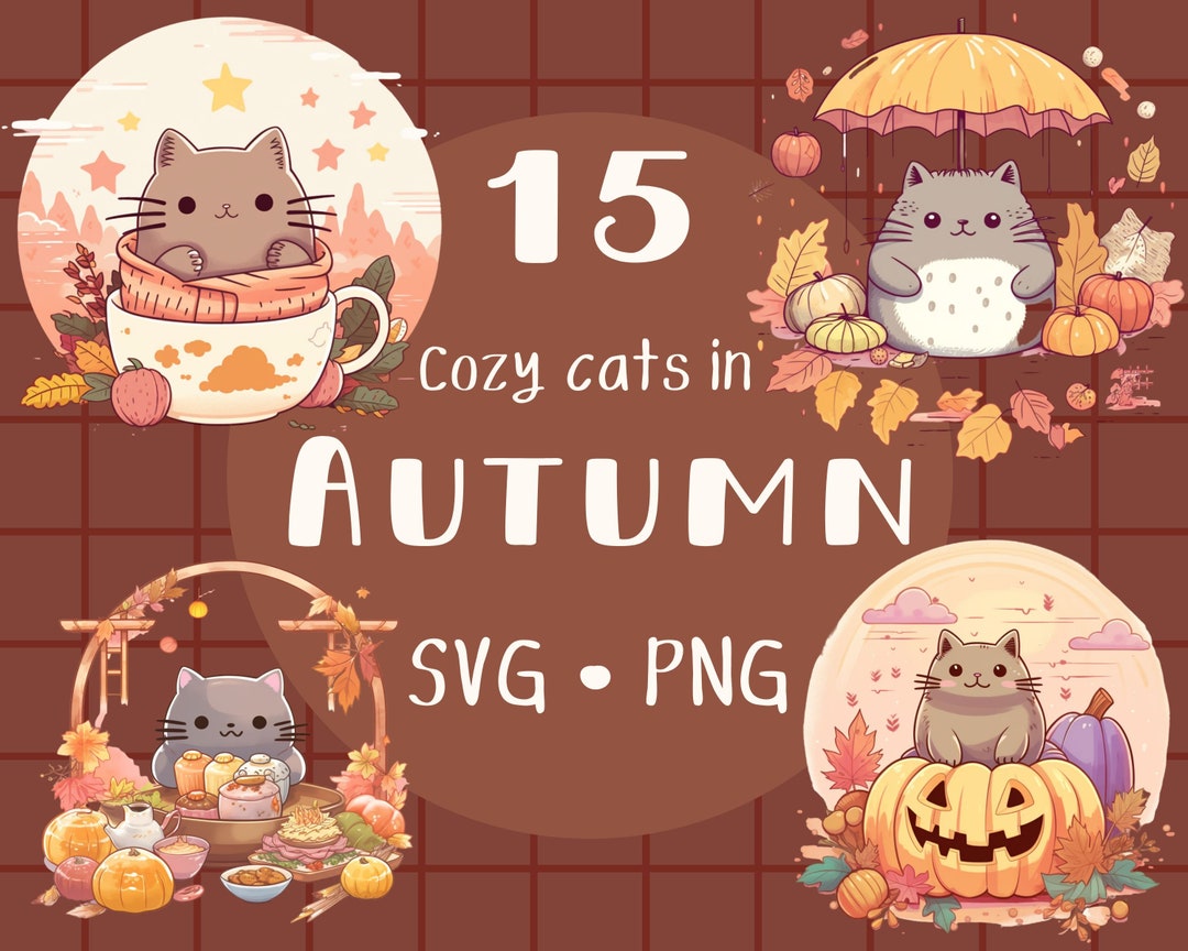 Autumn Cat Clipart: Kawaii Halloween PNG SVG (digital Download) - Etsy