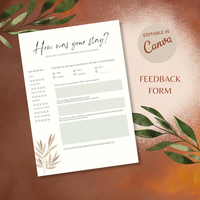 Airbnb Feedback Form, Editable & Printable Airbnb Design for Hosts ...