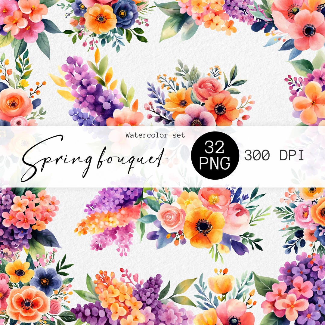 Watercolor Floral Clipart, Spring Bouquets PNG, Hand-painted Flowers ...
