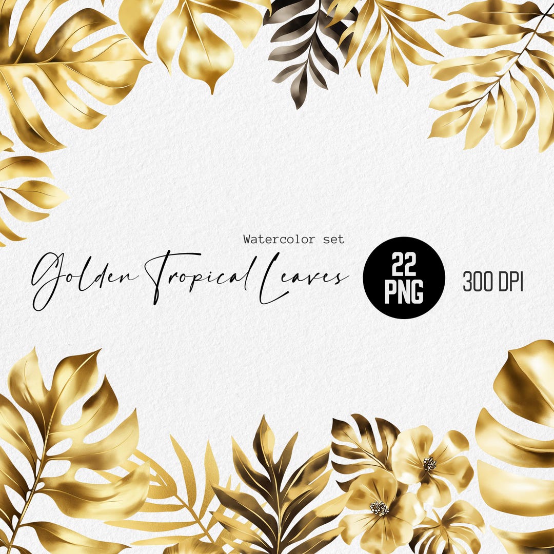 Golden Tropical Leaves Clipart | 22 PNG Metallic Set | Luxury Gold ...
