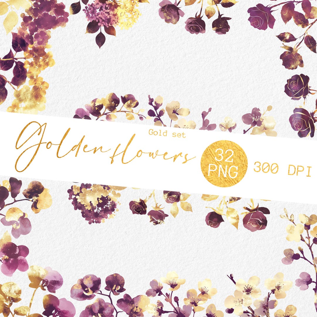 Gold Floral Clipart PNG | Gold & Purple Floral Clipart | Sakura, Rose ...