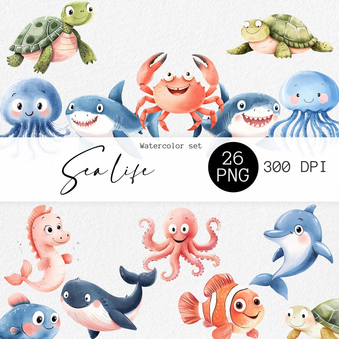 Watercolor Sea Animals Clipart, Cute Ocean Creatures PNG, Jellyfish ...