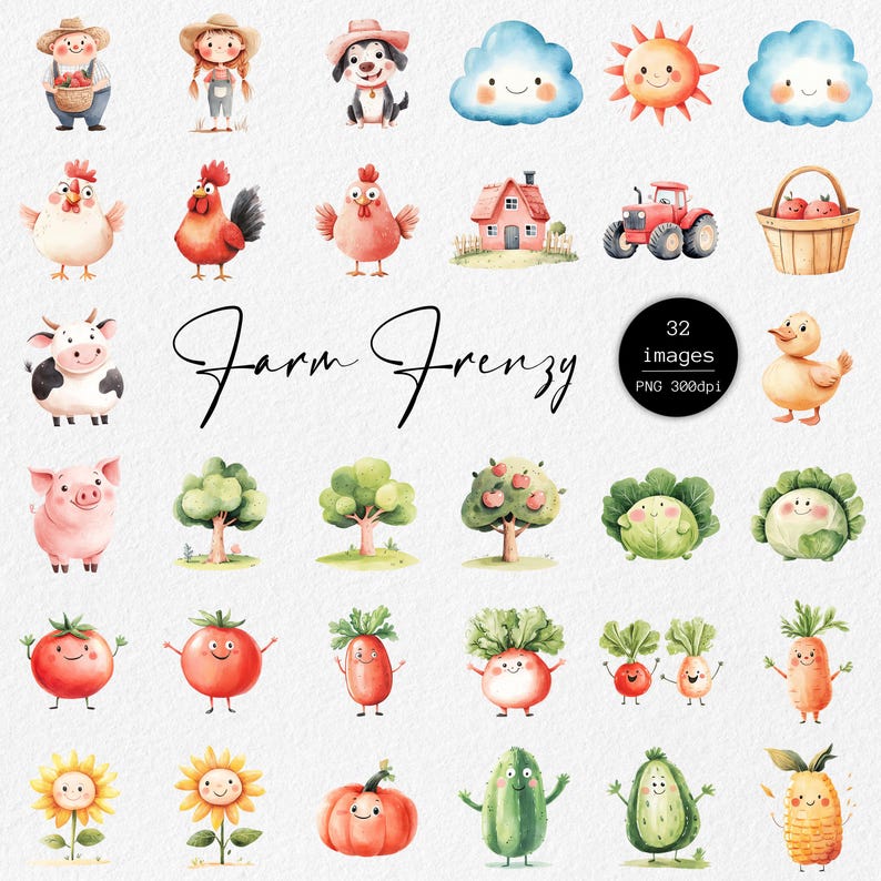 Watercolor Farm Clipart, Cute Farm Animals PNG, Kids Farm Illustration ...