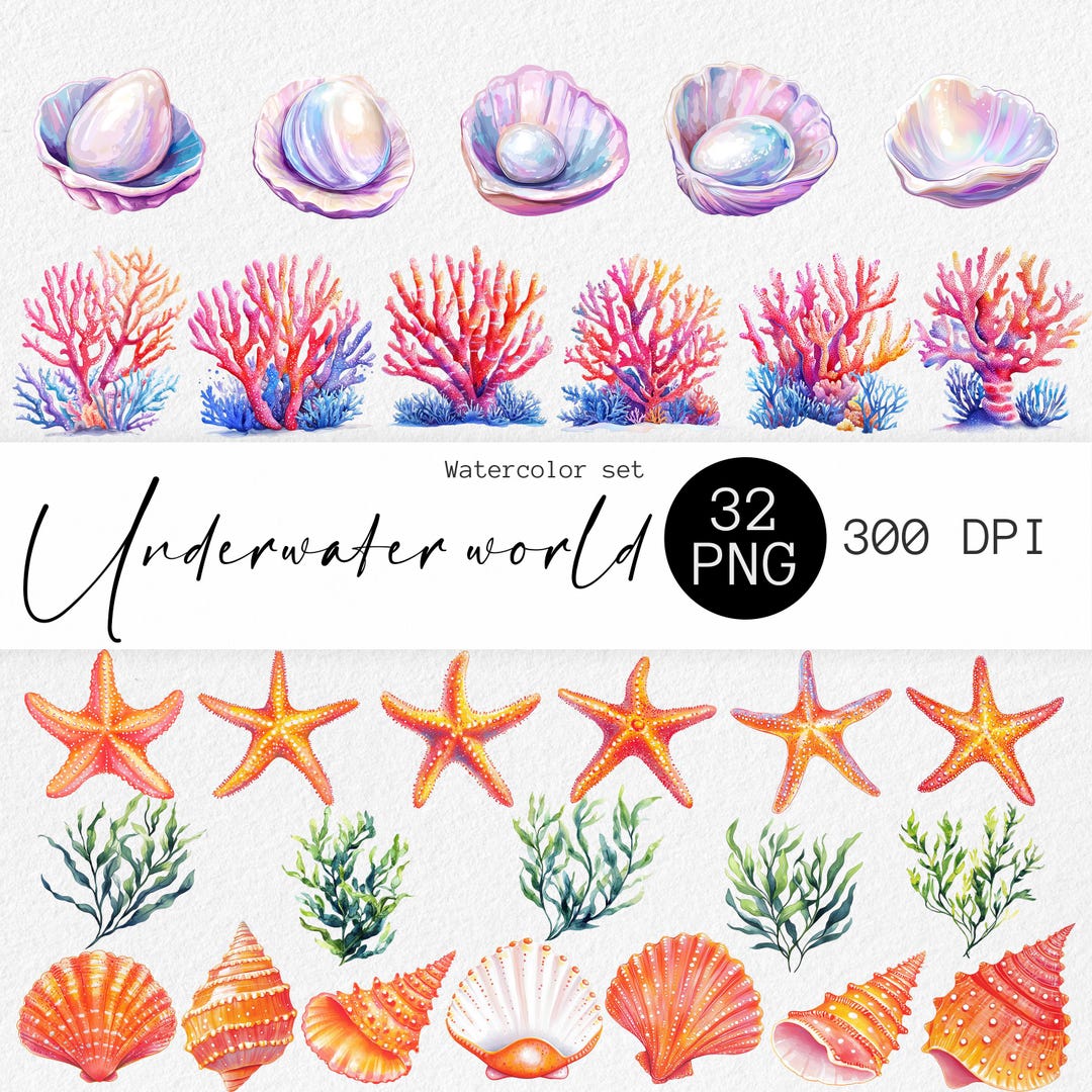 Watercolor Sea Clipart, Ocean Coral PNG, Starfish Seashells Clipart ...