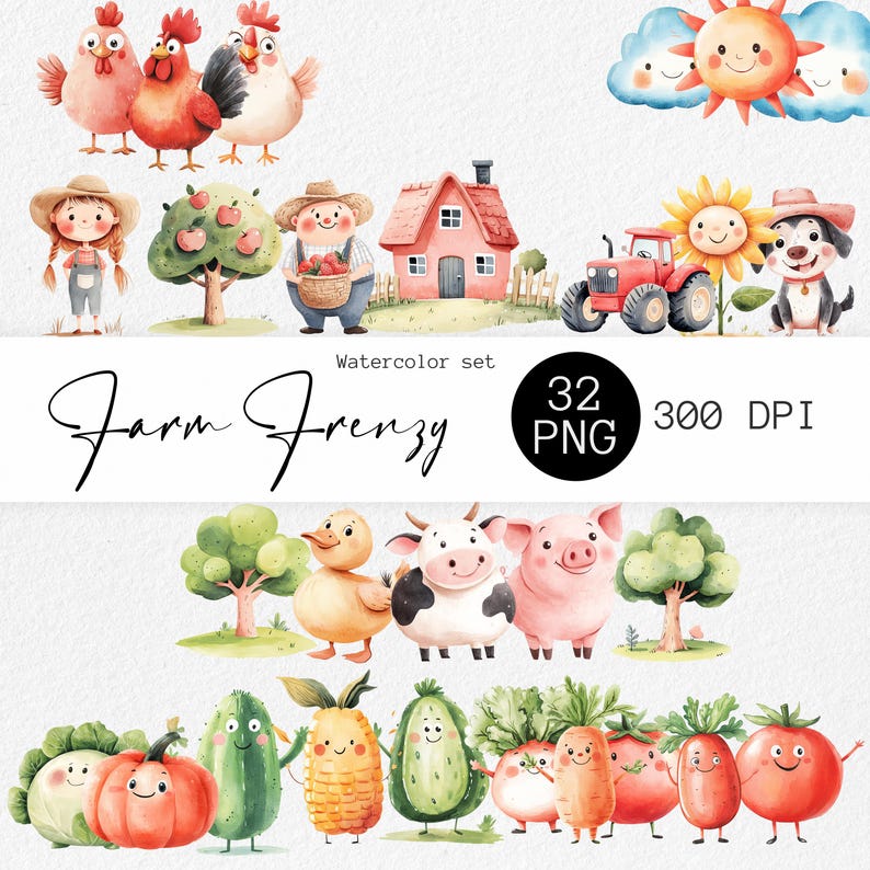 Watercolor Farm Clipart, Cute Farm Animals PNG, Kids Farm Illustration ...
