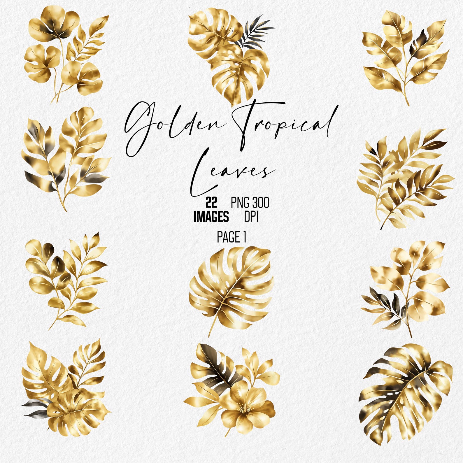 Golden Tropical Leaves Clipart | 22 PNG Metallic Set | Luxury Gold ...