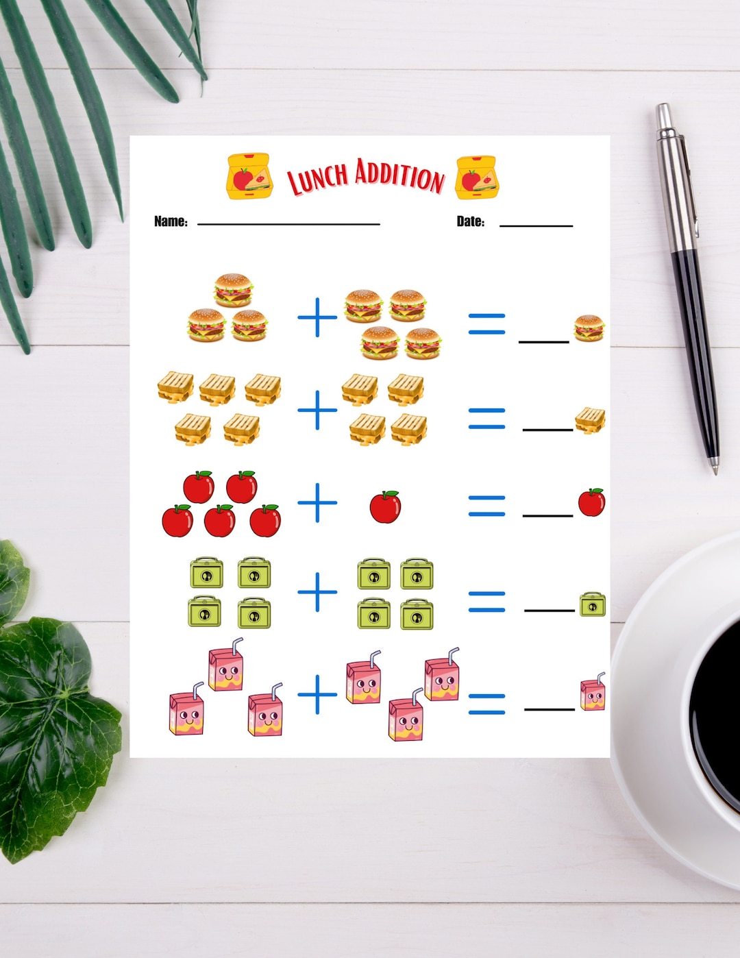 Lunch Addition Kids Worksheet Printable Math Practice Educational ...