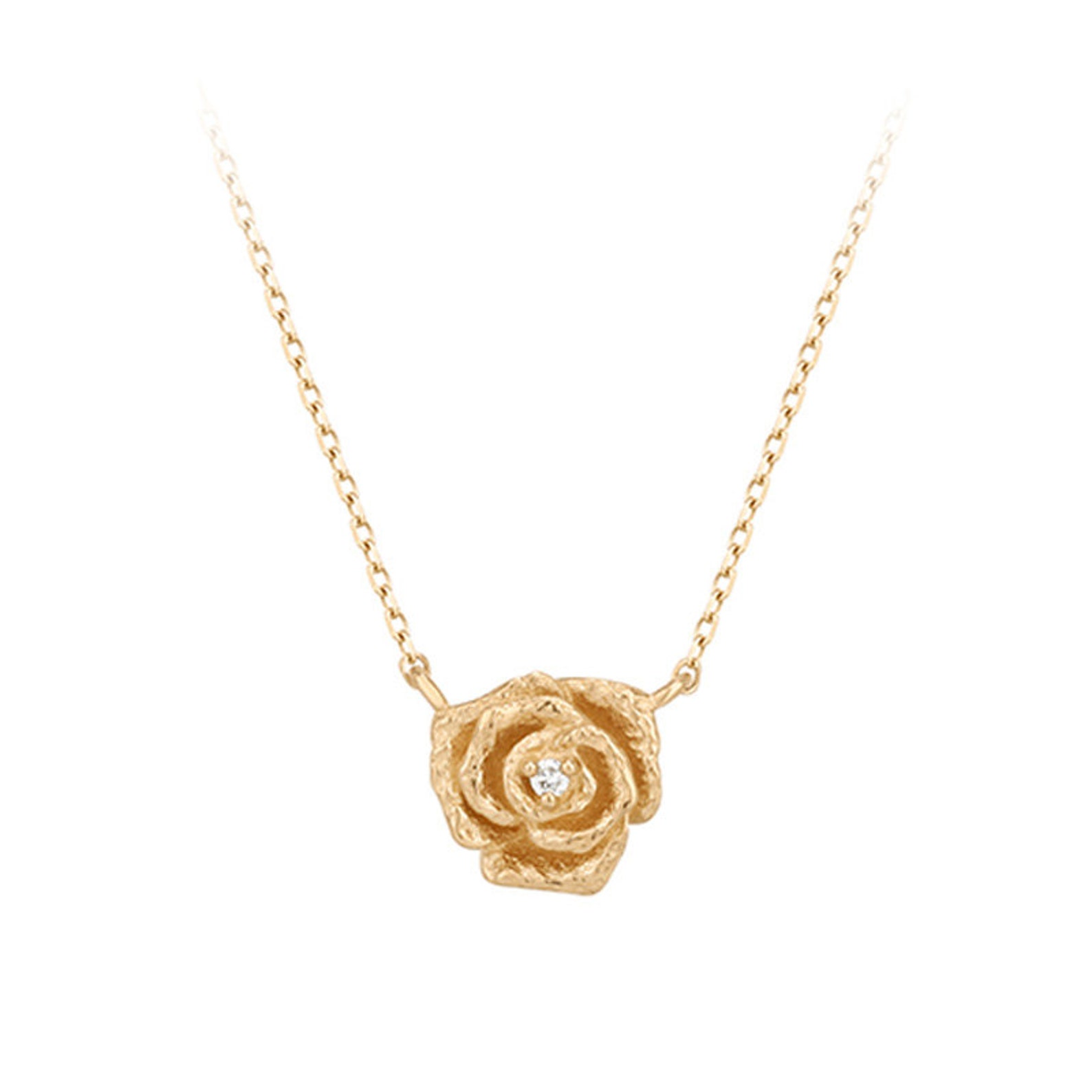 Solid 14K Rosa Necklace Rose Shaped Pendant With Round Natural Diamond ...