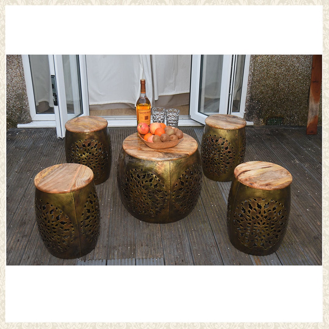 Handmade Muda Table and 4 Stools With Brass Bottom and Wood Top - Etsy