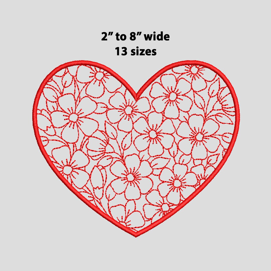 Floral Heart Line Art Embroidery Designs, 13 Sizes, Mini to Large Satin ...
