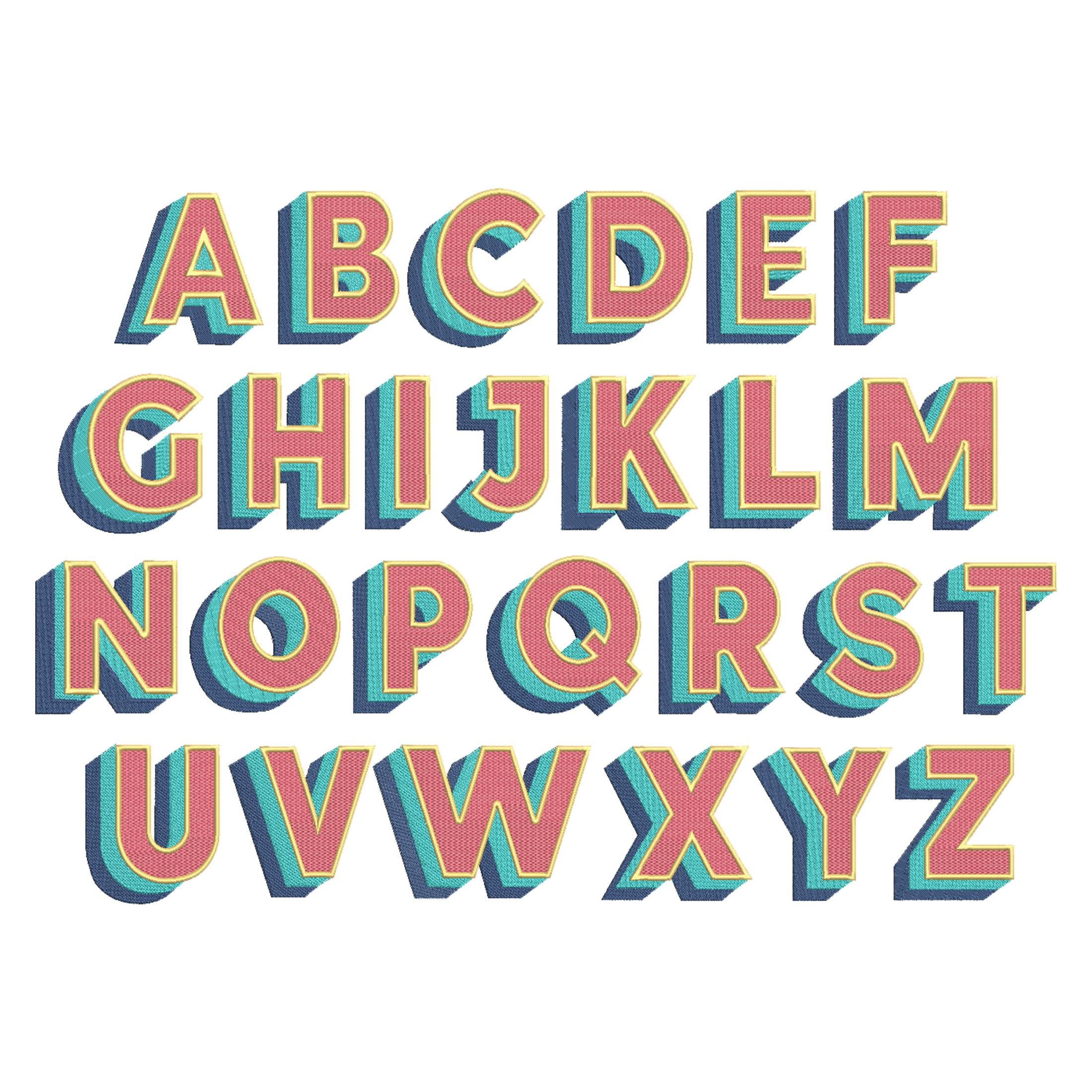 Double Shadow Embroidery Font, 6 Sizes, A-Z Sorted, Fill Stitch ...
