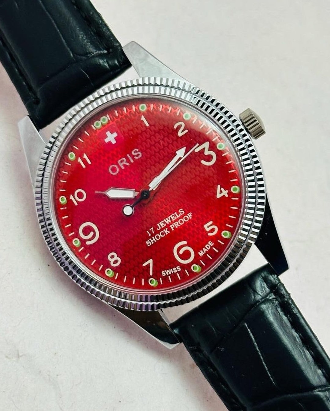 Rare Vintage ORIS Red Dial Hand Winding FHF Movement ST-96 Swiss Mens ...