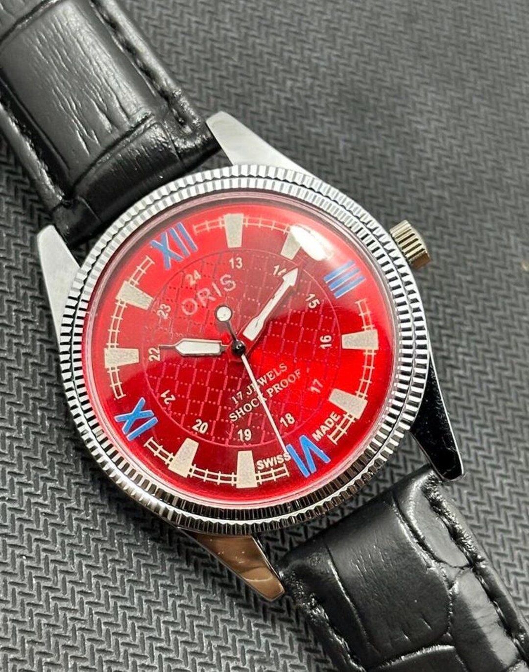 Rare Vintage ORIS Red Dial Hand Winding FHF Movement ST-96 Swiss Mens ...